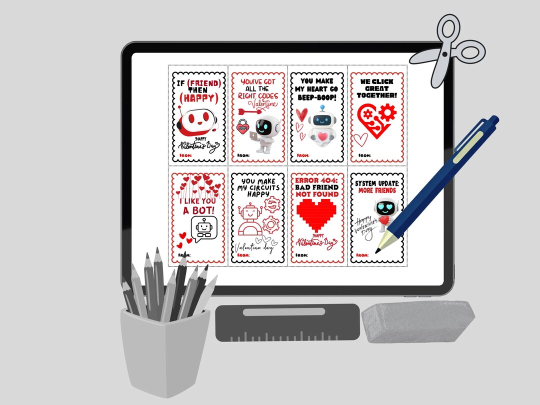 Robots Classroom Valentine Cards for Kids, Printable Valentines Day ...