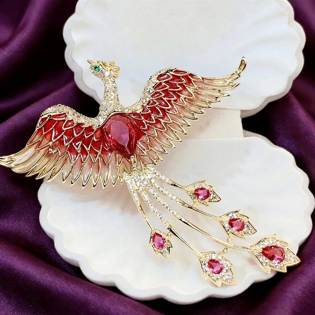 18K Gold Plated Ruby Enamel Phoenix Brooch - Etsy