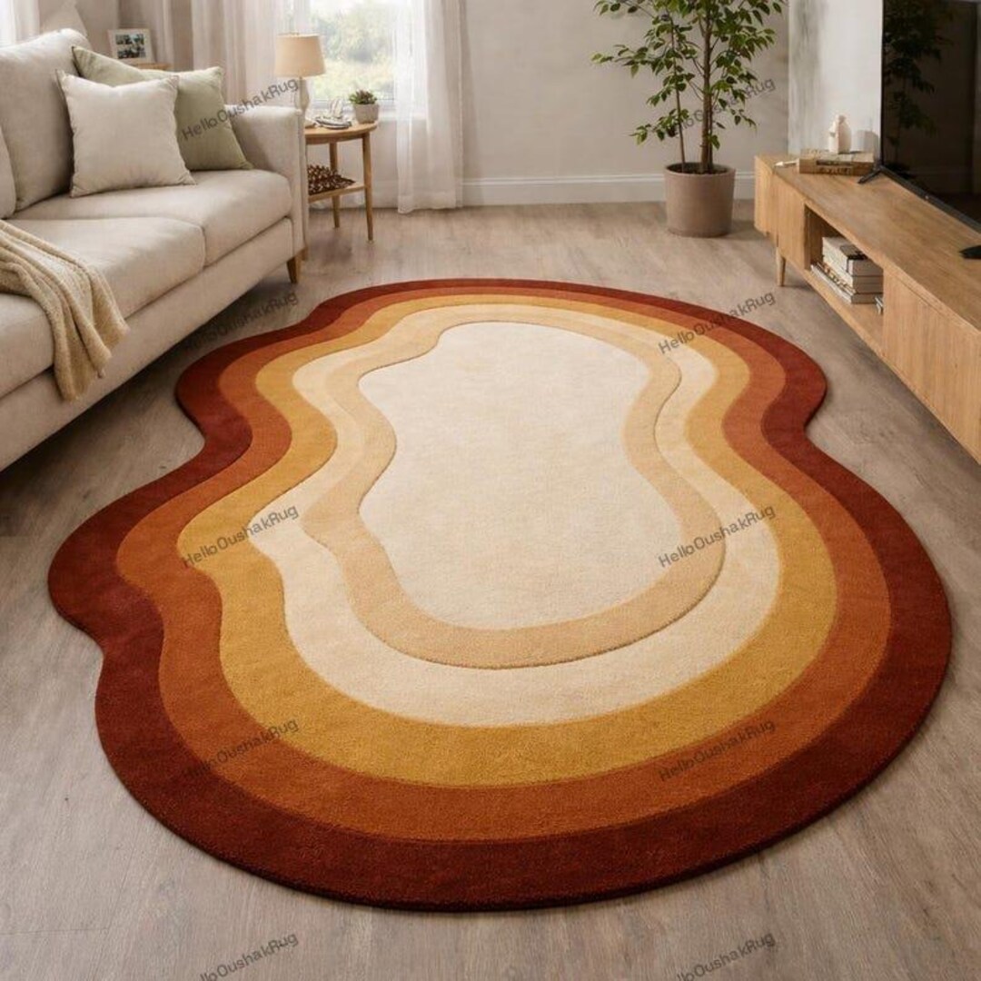 Modern Abstract Wave Area Rug Hand Tufted Organic Shape Rug Beige Brown ...