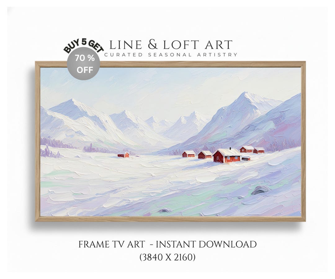 Alpine Village Impasto Oil Painting, Winter Mountain TV Art (digital ...