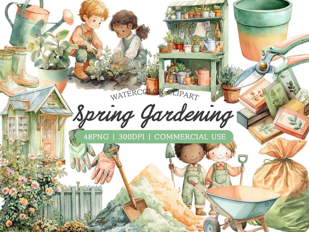 Watercolor Spring Gardening Clipart Bundle PNG for Kids Activities and ...