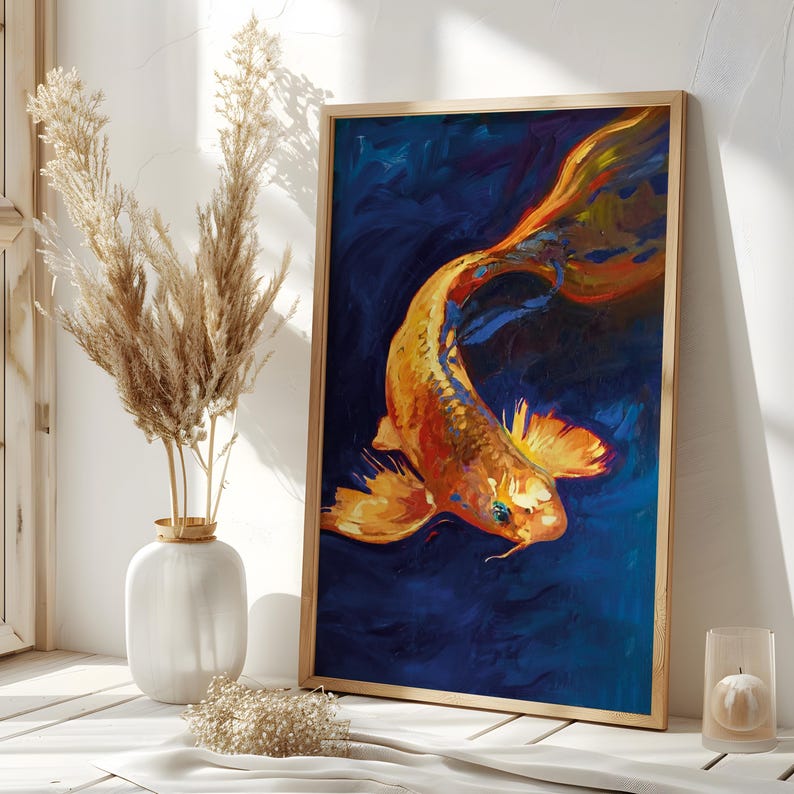 Golden Koi Fish Poster, Japanese Inspired Abstract Painting, Blue Gold ...