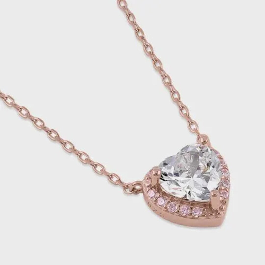 Rose Gold Sterling Silver Heart Necklace, Pink CZ Halo - Etsy