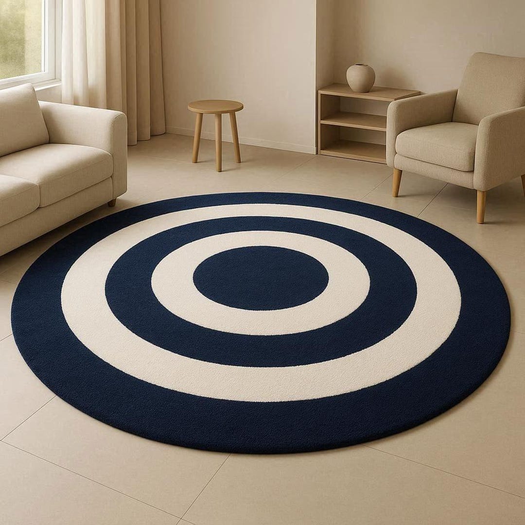 Handtufted Wool Round Navy Blue Bullseye Target Pattern 5x5 Circular ...