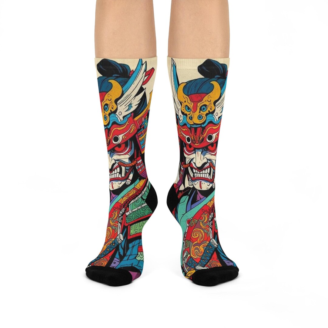 Samurai Mask Crew Socks | Japanese Oni Warrior Face, Colorful Tattoo ...