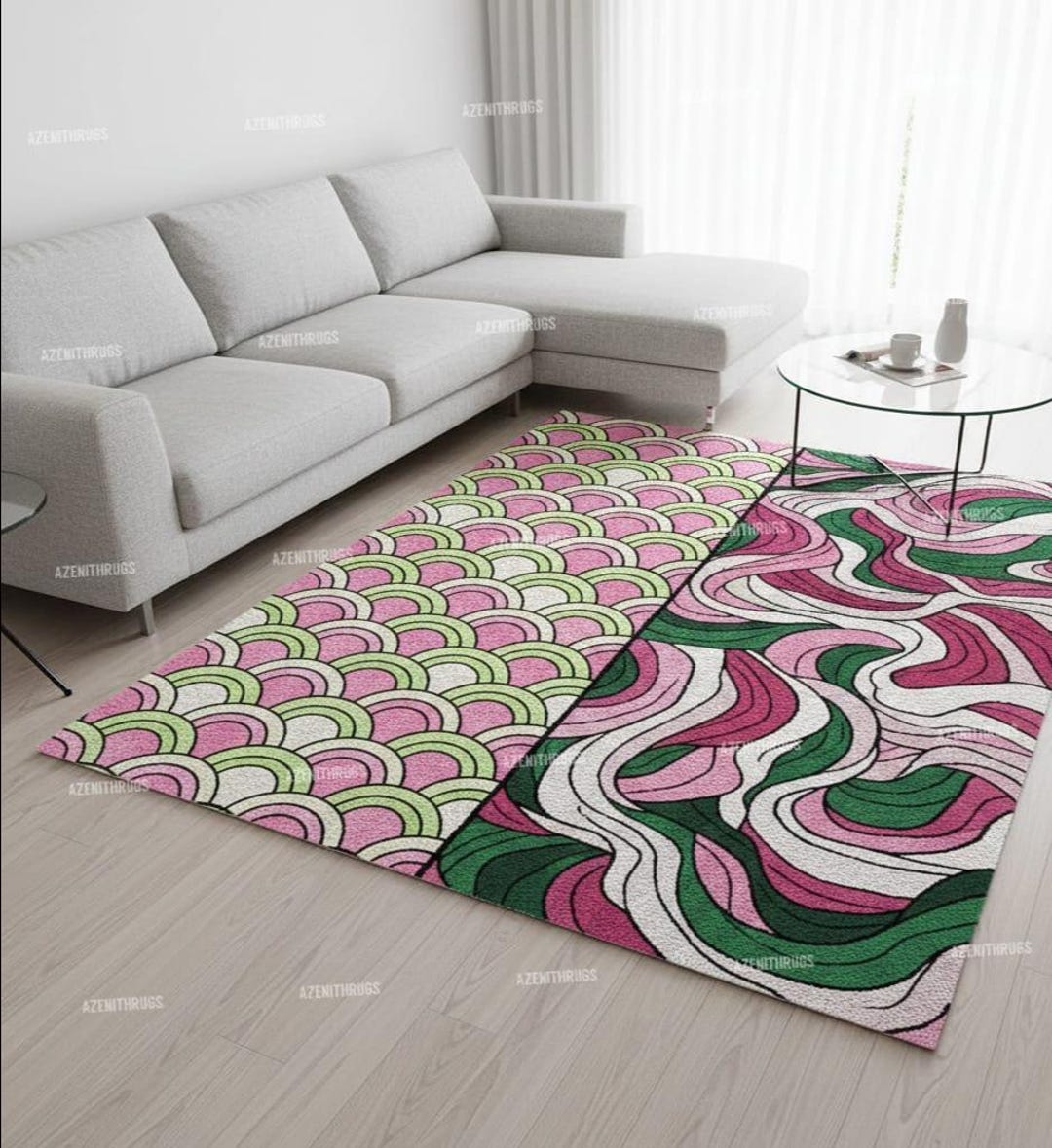 Pink Green Retro Wave & Scallop Pattern Rug – Modern Tufted Area Carpet ...