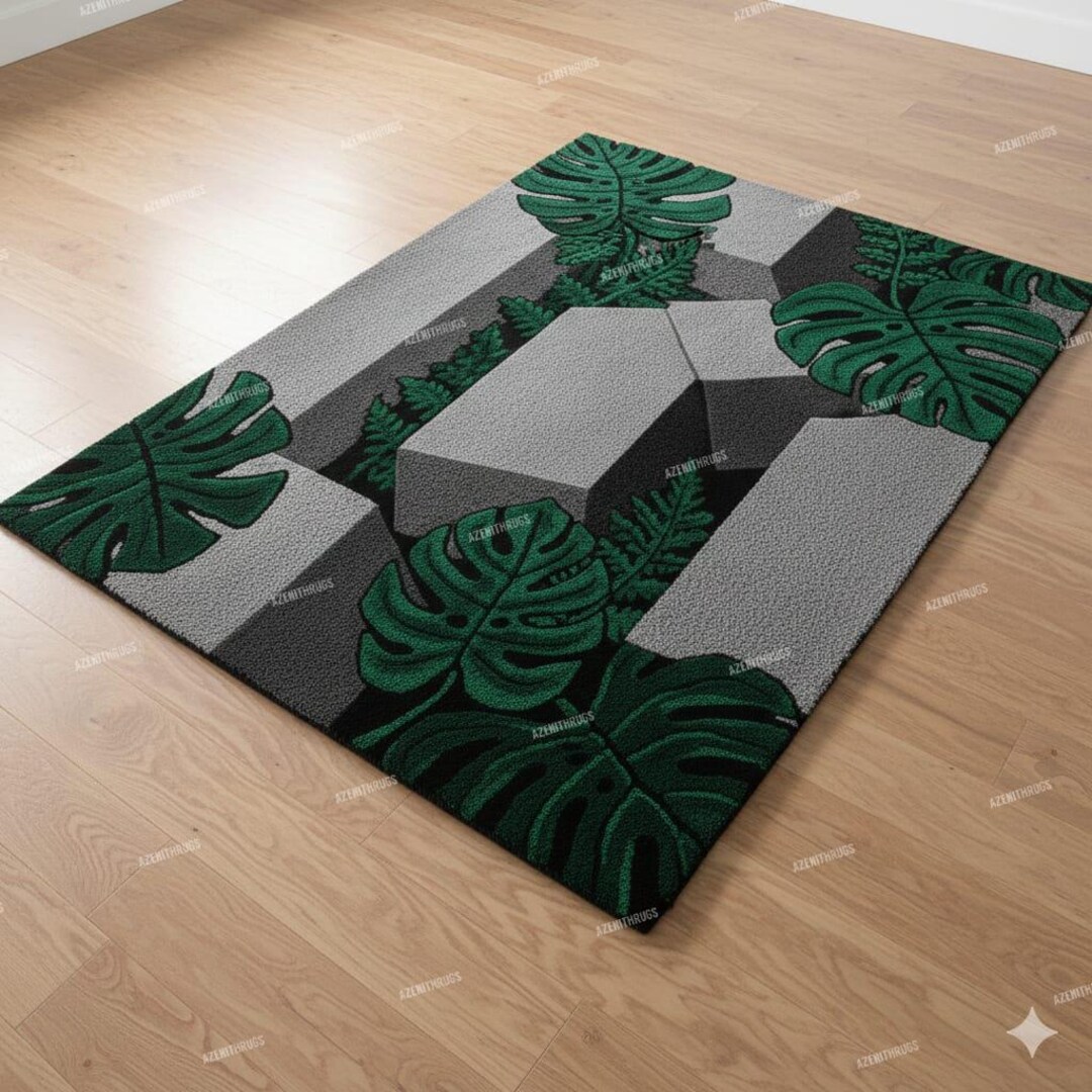 Modern Tropical Monstera Leaf Rug Bold Green Botanical Area Rug ...