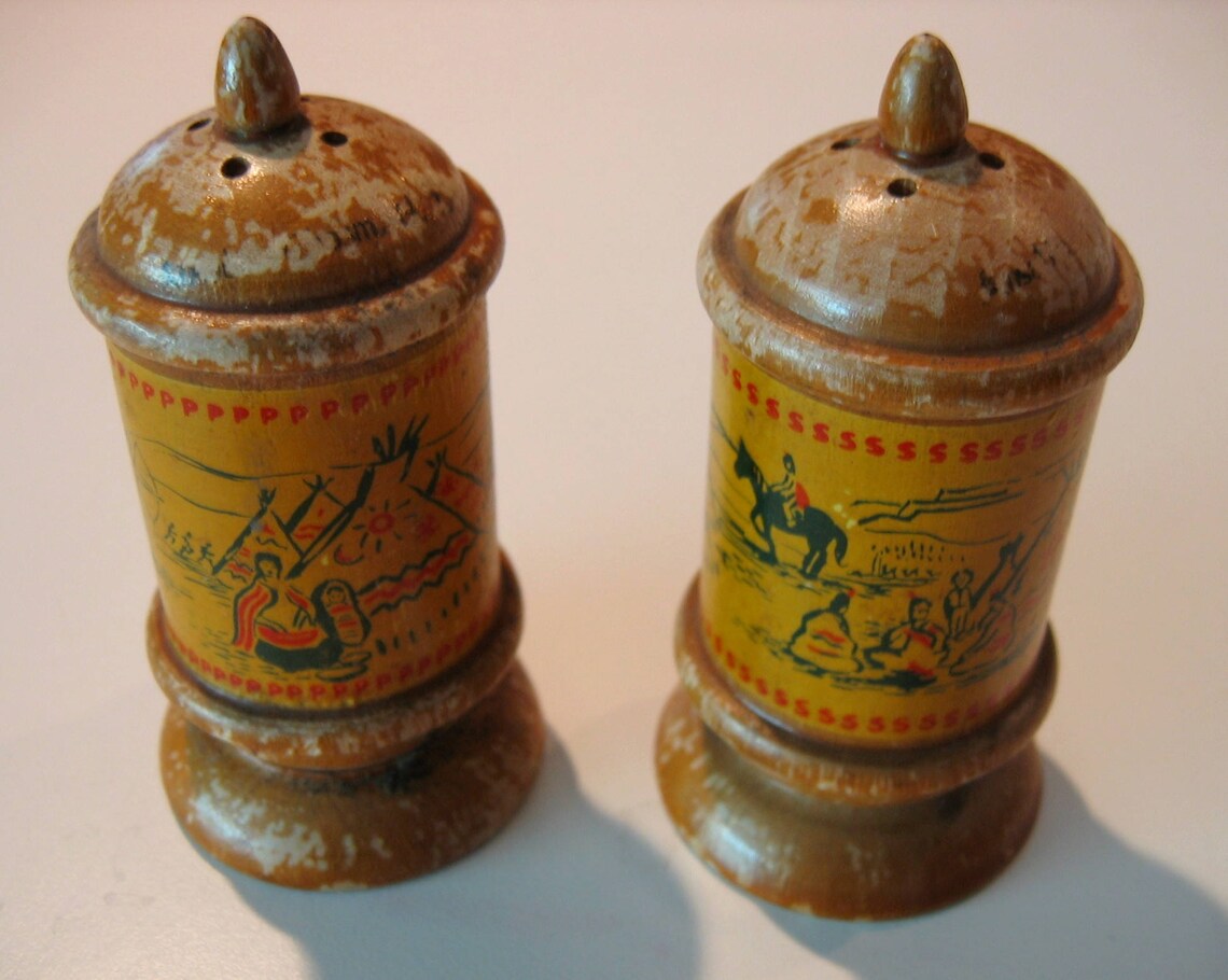 VINTAGE Wooden Salt & Pepper Shakers NATIVE AMERICAN Theme | Etsy