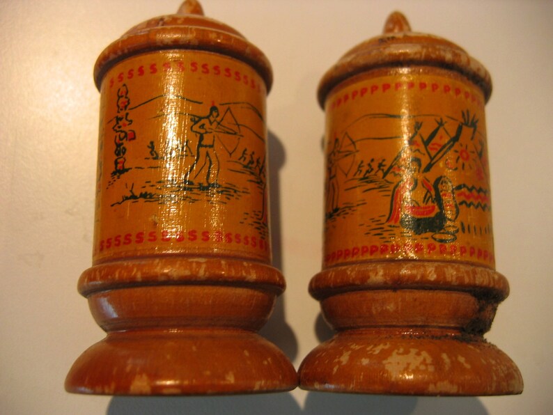 VINTAGE Wooden Salt & Pepper Shakers NATIVE AMERICAN Theme | Etsy