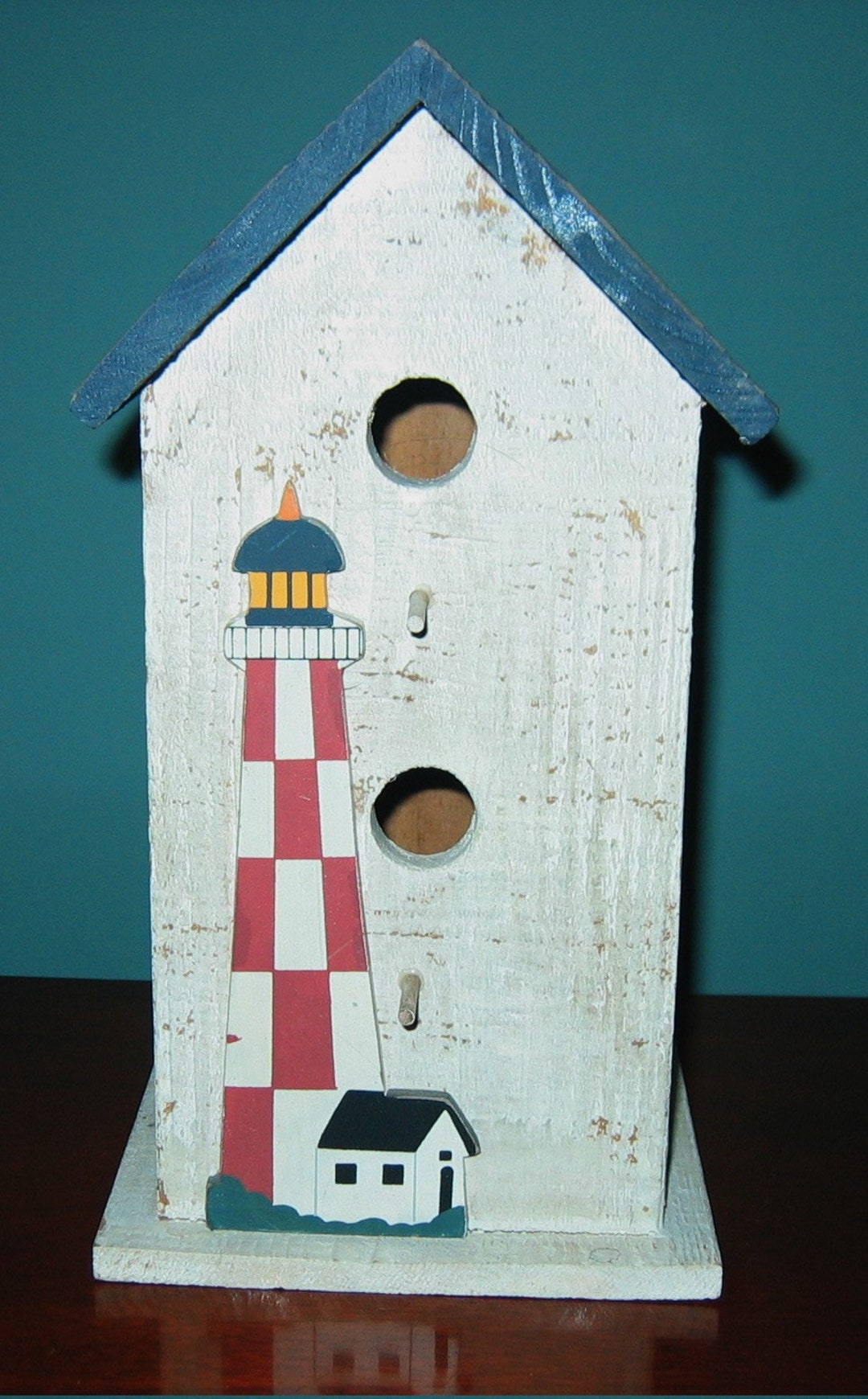 Decorative 2 Hole Birdhouse W/ RED WHITE CHECKERBOARD Lighthouse Wooden ...