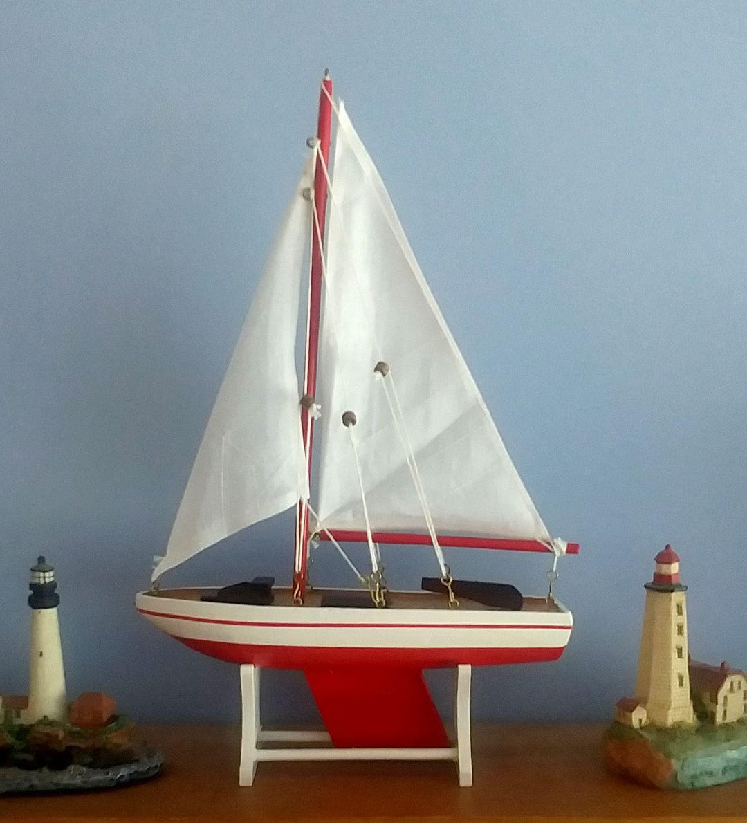 Pond Boat- Wooden Sailboat Sloop- 8" Long Floats! New/assembled W/red ...