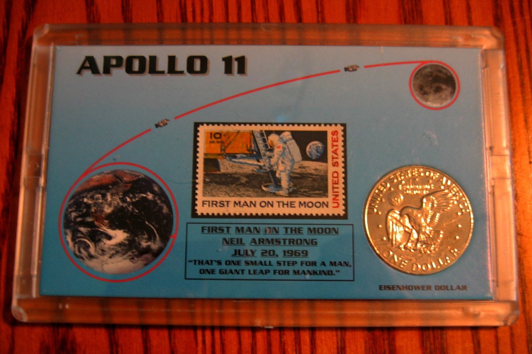 APOLLO 11 MOON LANDING 1972 "silver" Dollar and Historic Airmail Stamp ...