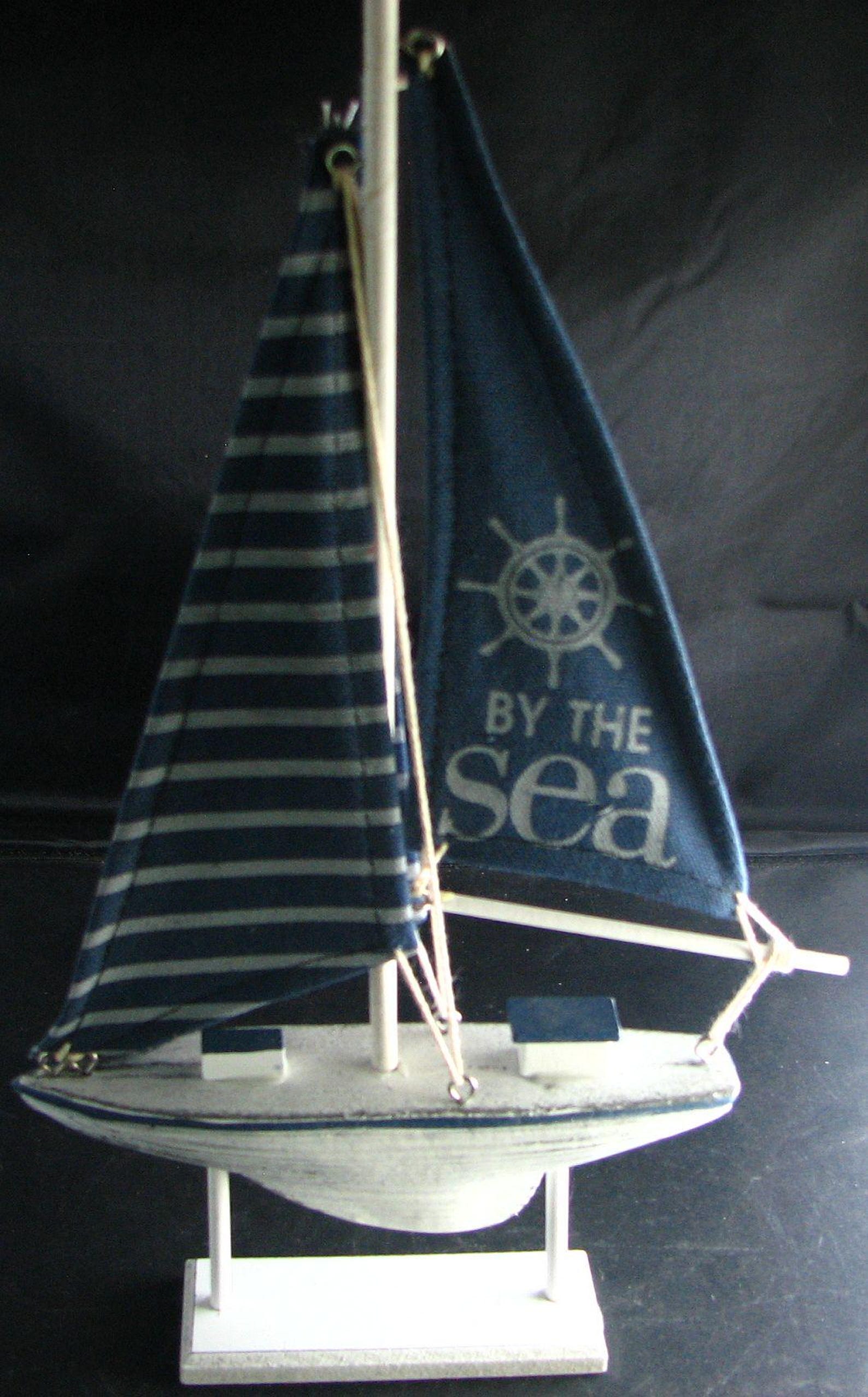 Wooden Ship Model- Sailboat Sloop- "by the Sea, by the Sea" Navy Blue ...