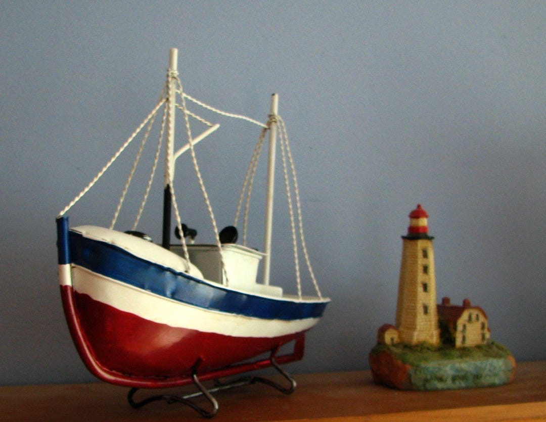All Metal Boat Model of a Small Tramp Steamer. Red, White and Blue Hull ...