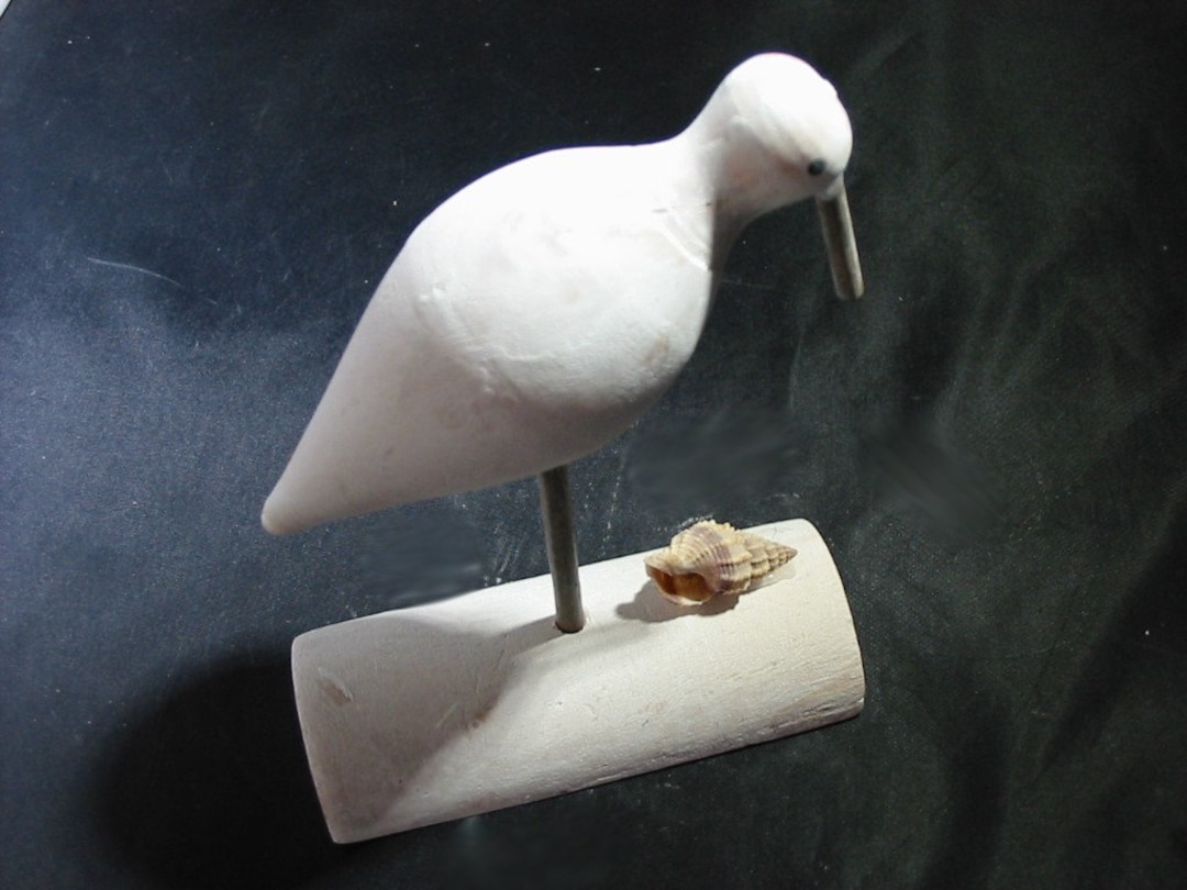Cute Shore Bird WHITE GULL All Wood Carving on White Wooden Stand W ...