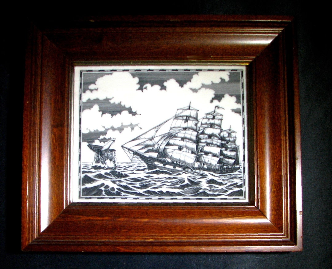 Vintage Faux Scrimshaw From Maine "clipper W/whale" Framed Polymer ...