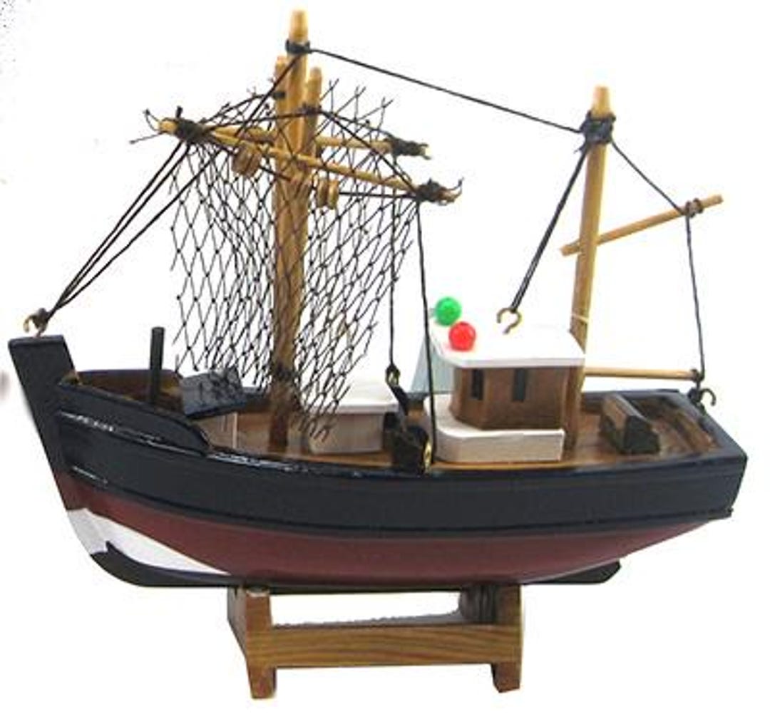 Wooden FISHING BOAT Trawler Model Ship 6" Long- Fully Assembled- Black ...