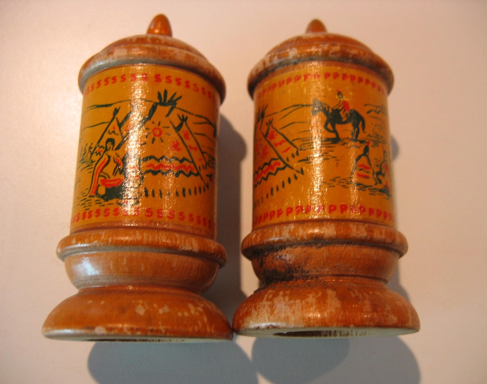VINTAGE Wooden Salt & Pepper Shakers NATIVE AMERICAN Theme | Etsy