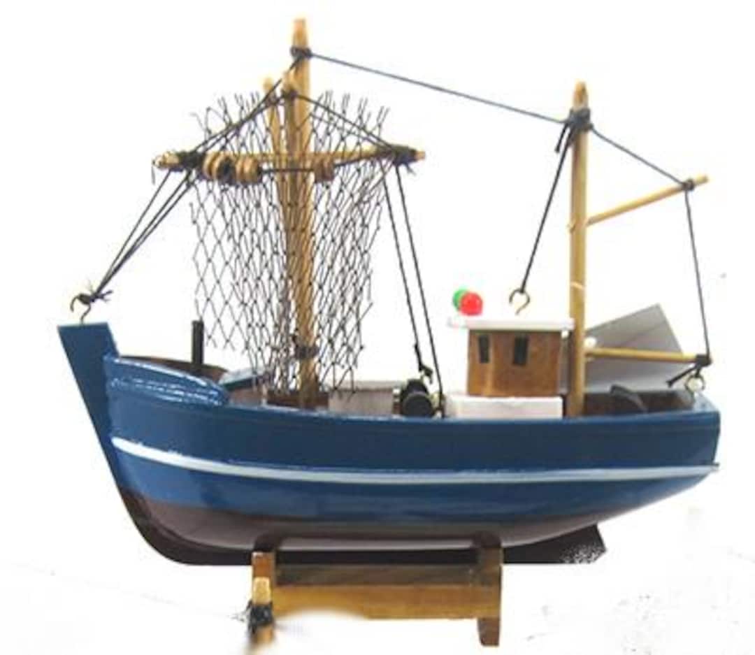 Wooden FISHING BOAT Trawler Model Ship 6" Long- Fully Assembled- Blue ...