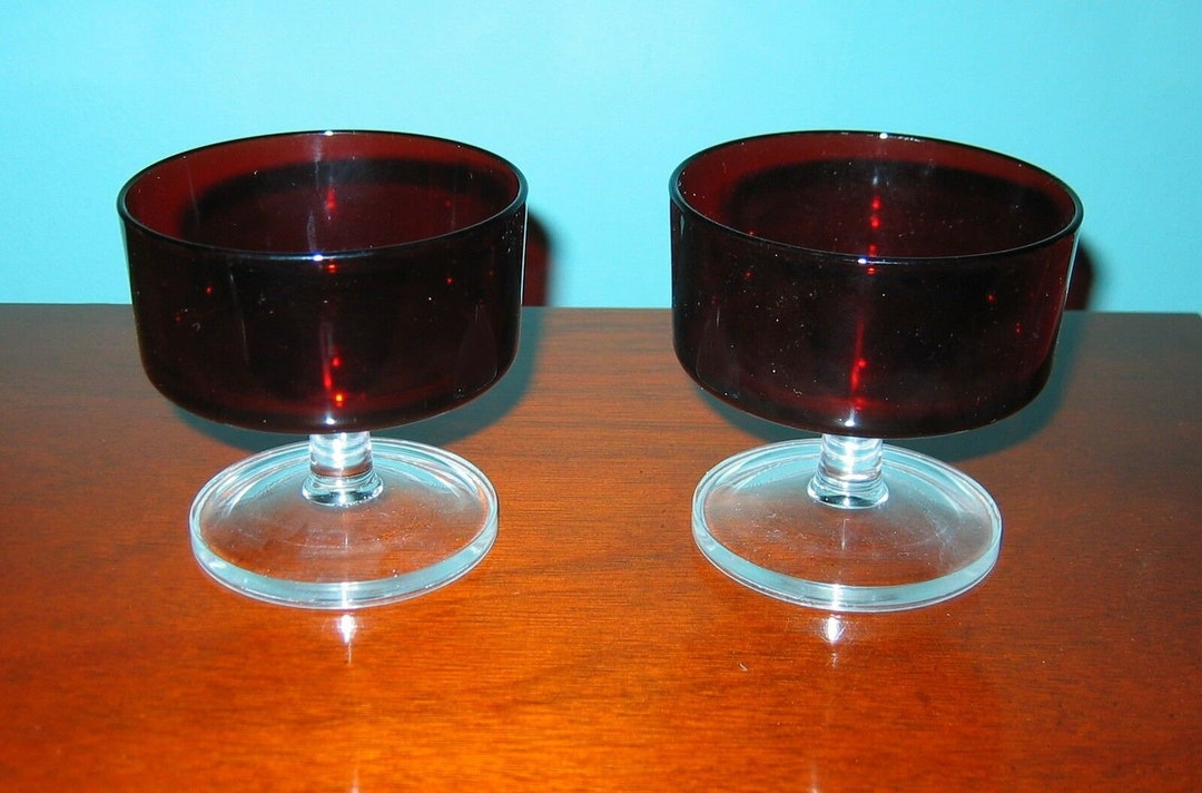 Real RED GLASS Sherbert Set W/white Base ~ Rich Translucent Red Color ...
