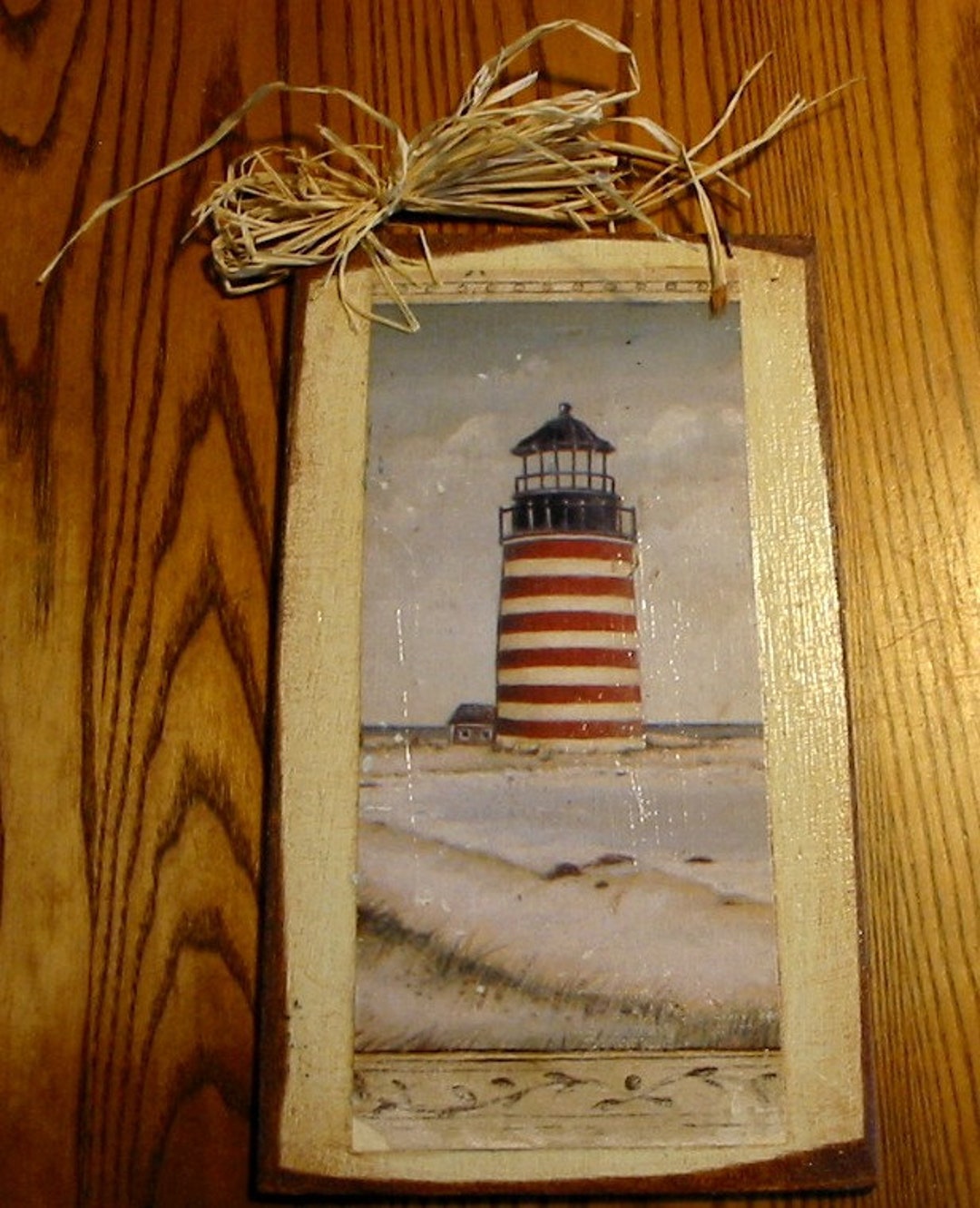 Candy Striped Lighthouse Decoupage Plaque on Wood W/sea Grass. Ready to ...