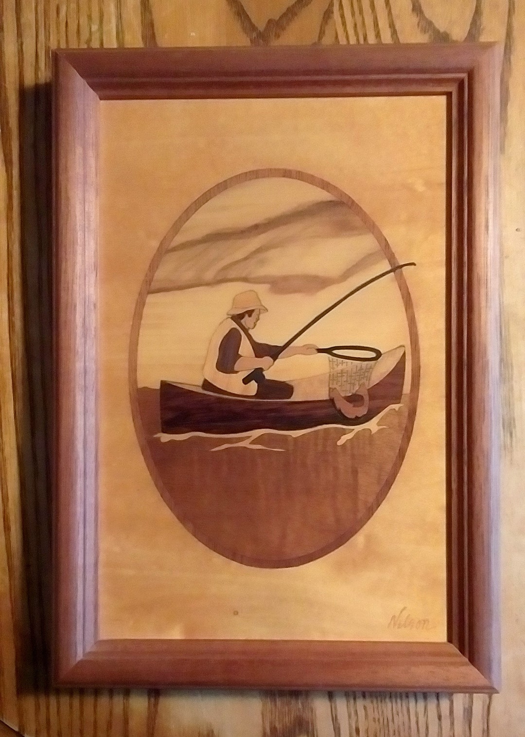 Fisherman on Lake BEAUTIFUL WOOD Inlay MARQUETRY by Hudson River Artist ...