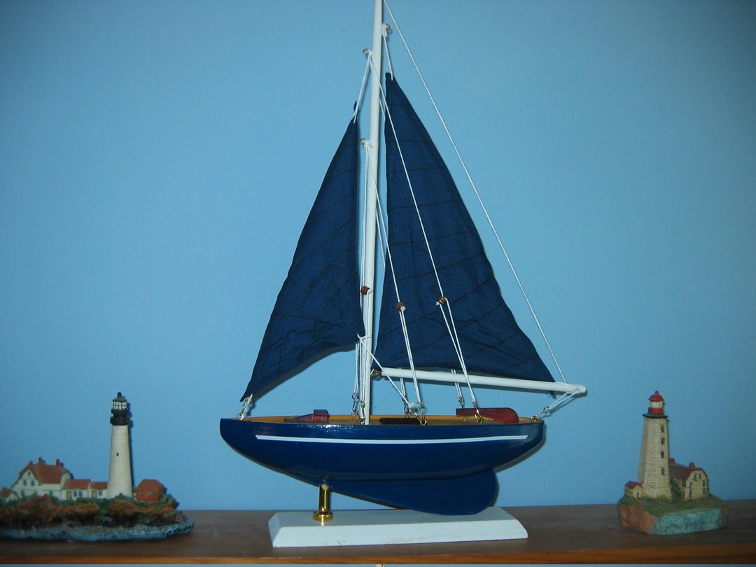 Wooden Ship Model- Deep Shoal SLOOP 16" Blue on Blue Sailboat Assembled ...