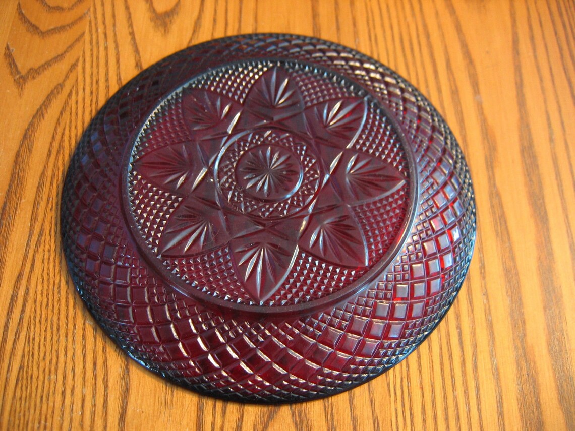 Real RED GLASS Bowl and Lunch/dessert Plate W/cut Glass Design - Etsy