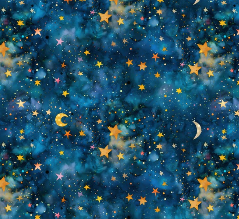 Starry Sky, Moon and Stars Cotton Fabric - Dark Night Starry Sky ...