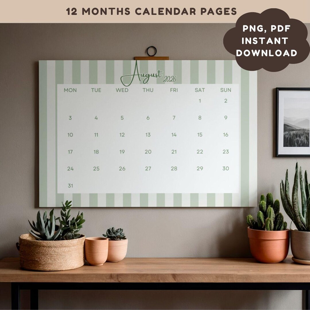 2026 Calendar Striped Design, Digital Download, Wall Art, PNG & PDF ...