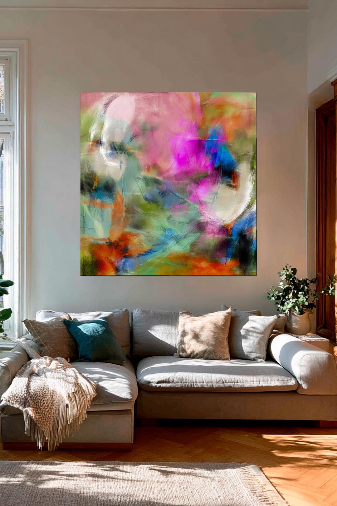 Modern Abstract Wall Art, Geometric Forms in Blue and Orange ...