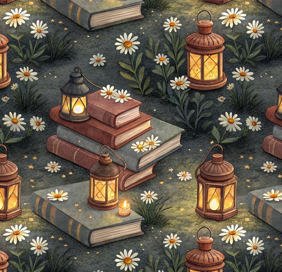 Cozy-night-library--book-stacks-with-glowing-lante Fabric -cotton ...
