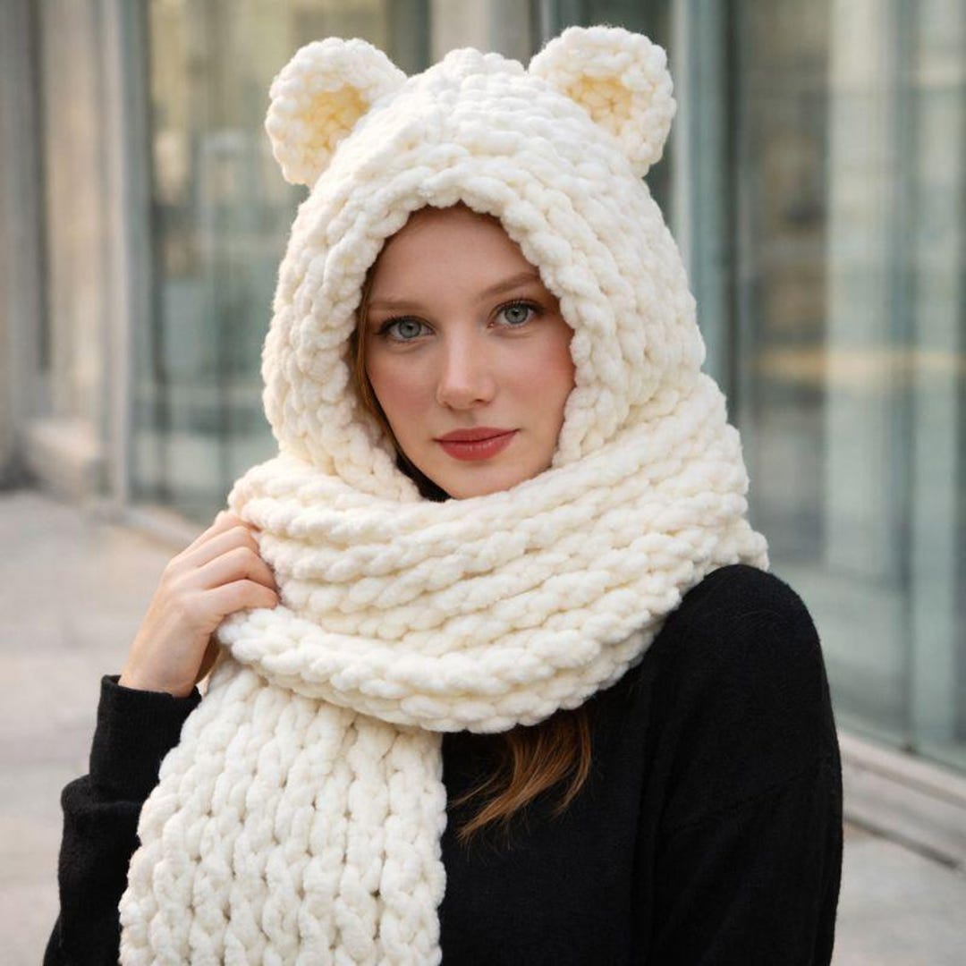 Teddy Bear Ear Hooded Scarf – Handmade Thick and Warm Winter Shawl - Etsy