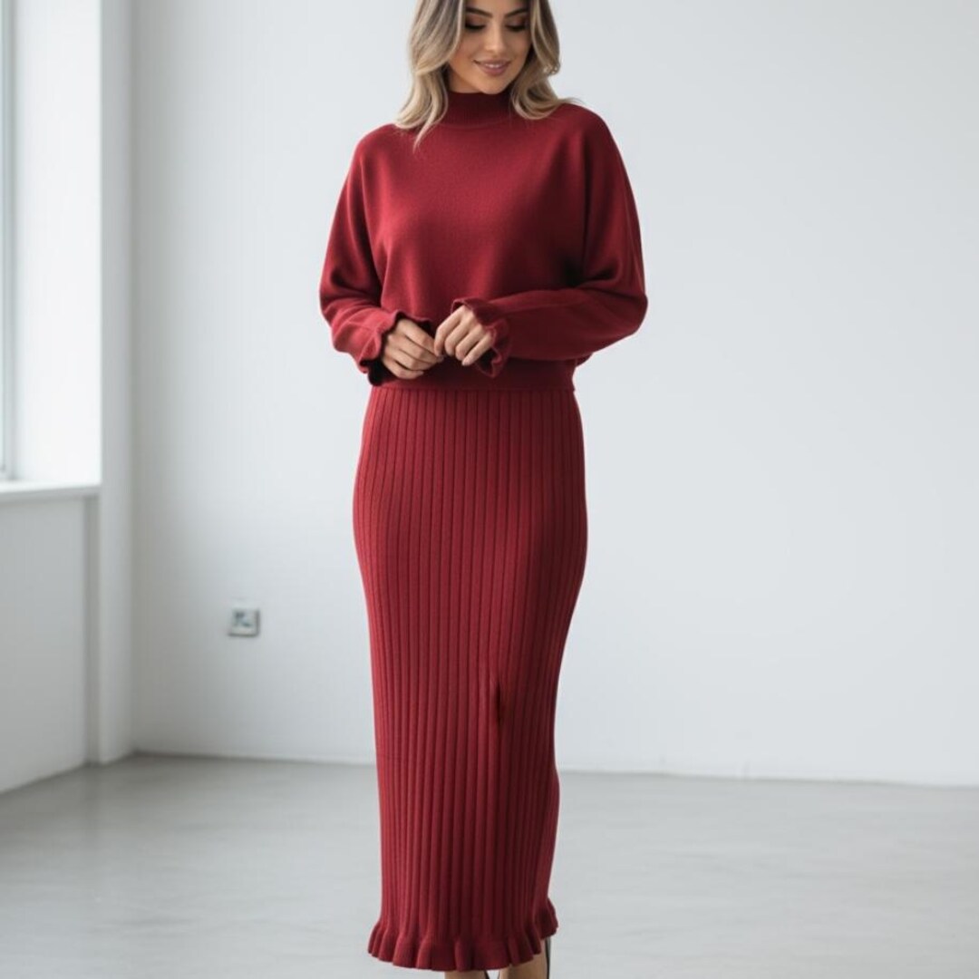 Burgundy Two Piece Knit Set Long Sleeveless Dress and Sweater Crop Top ...