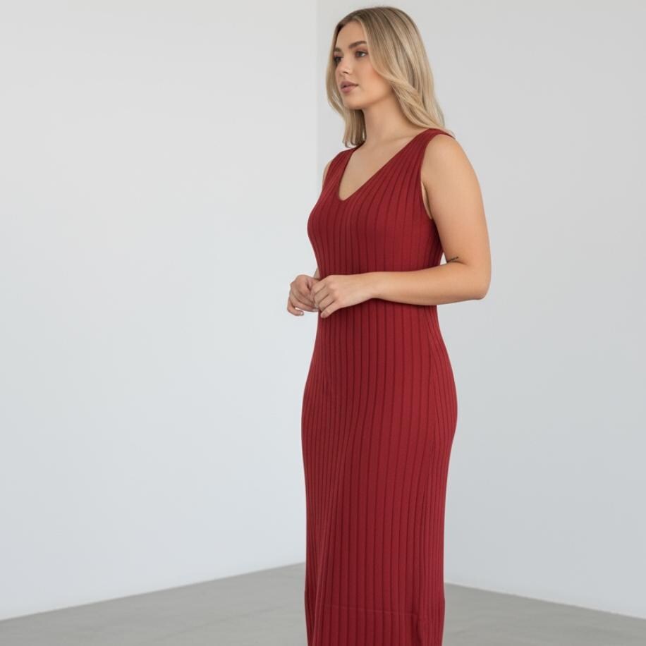 Burgundy Two Piece Knit Set Long Sleeveless Dress and Sweater Crop Top ...