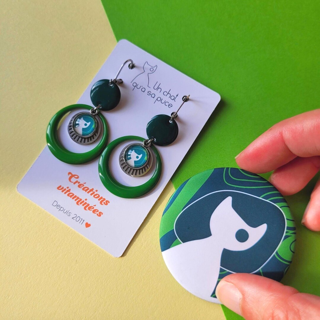 Duo Boucles Et Broche Badge Motif Chat Vert – Look Assorti Et Félin - Etsy