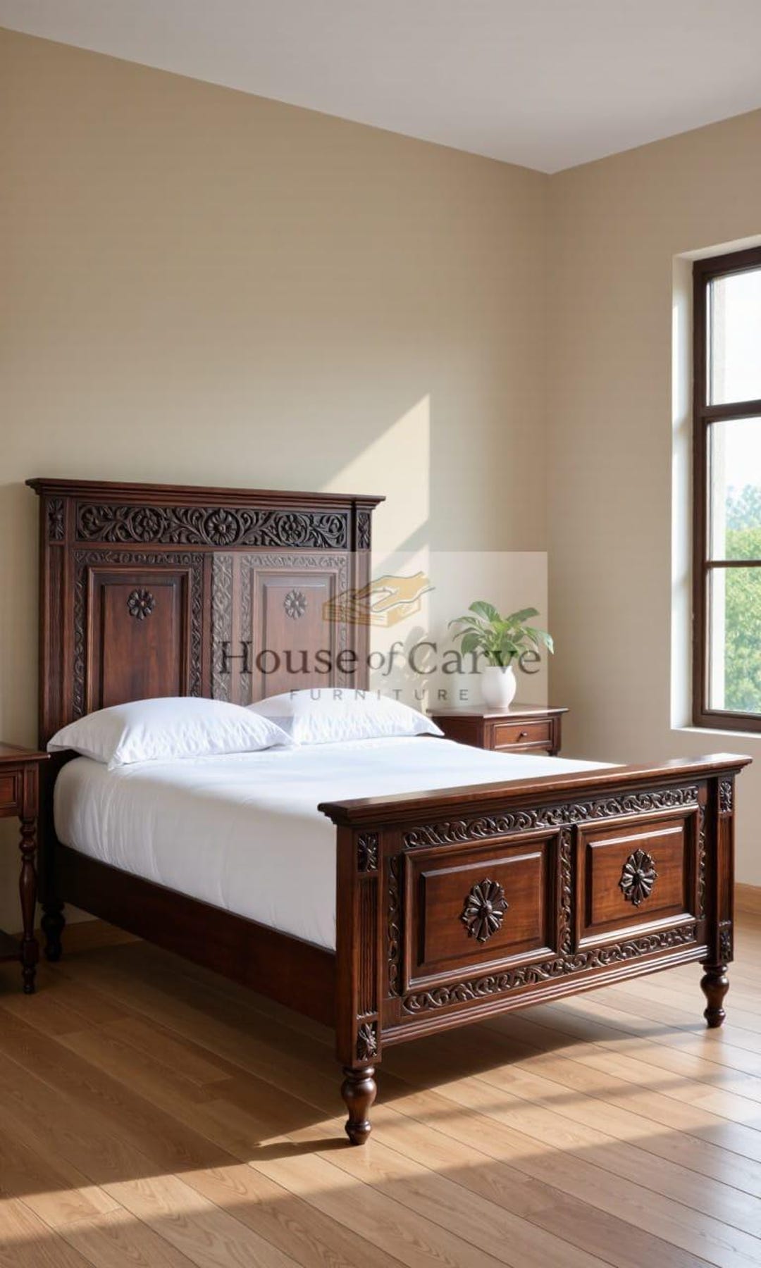 Hand Carved Solid Wood Bed | Classic Dark Walnut Bed Frame | Floral ...