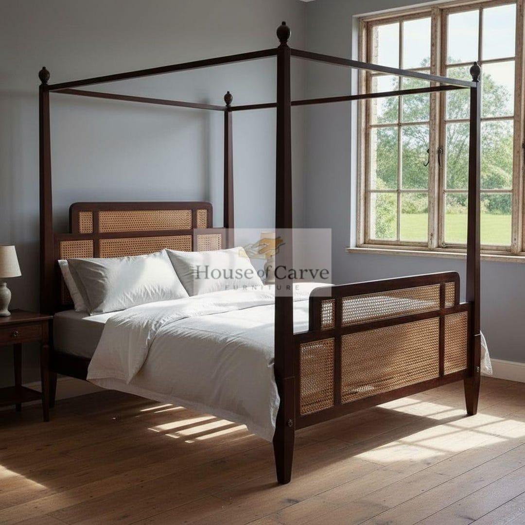 Modern Cane Canopy Bed: Handcrafted Solid Wood Four Poster - Etsy