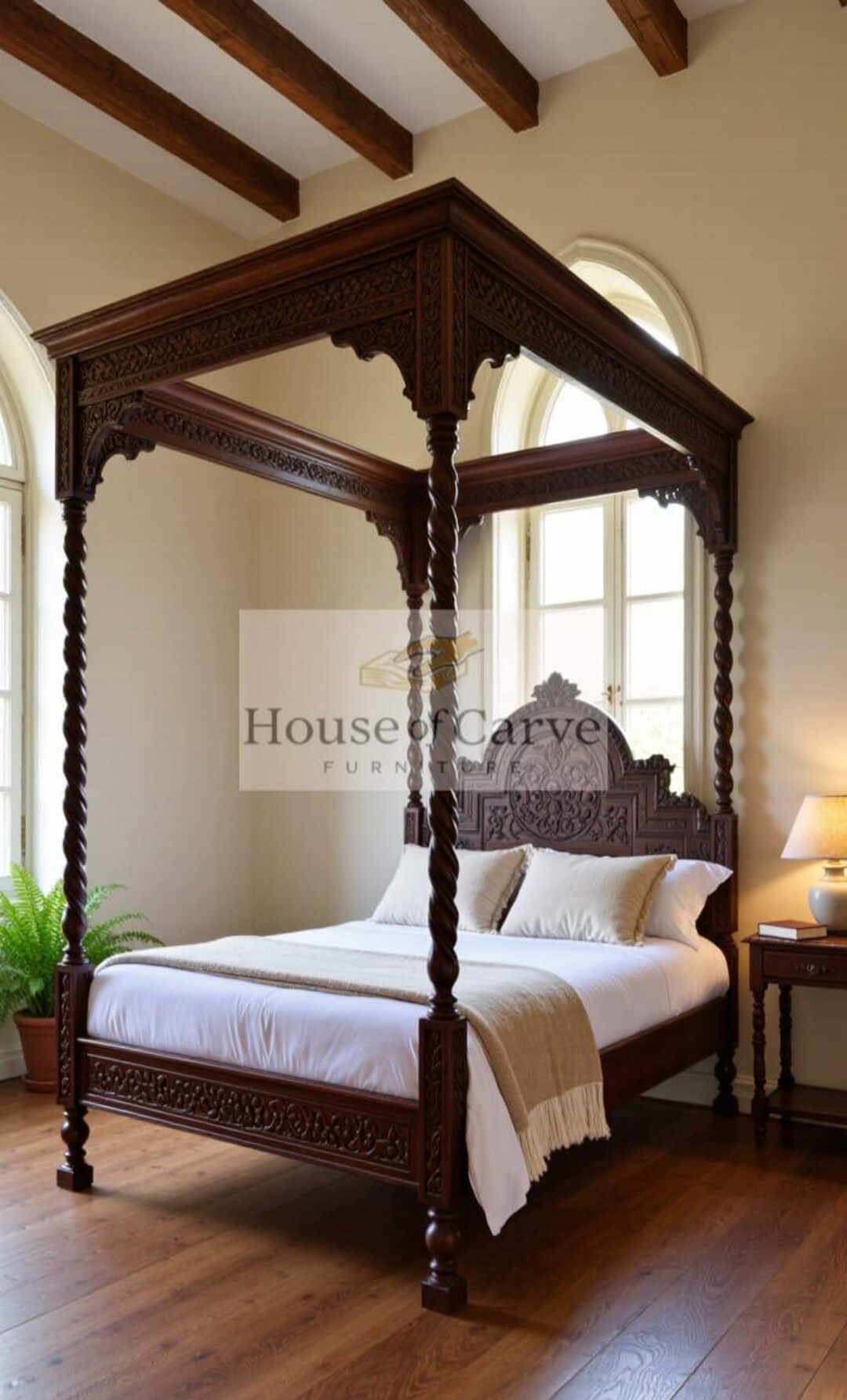 Hand Carved Solid Wood Canopy Bed | Four Poster Bed | Luxury King Bed ...