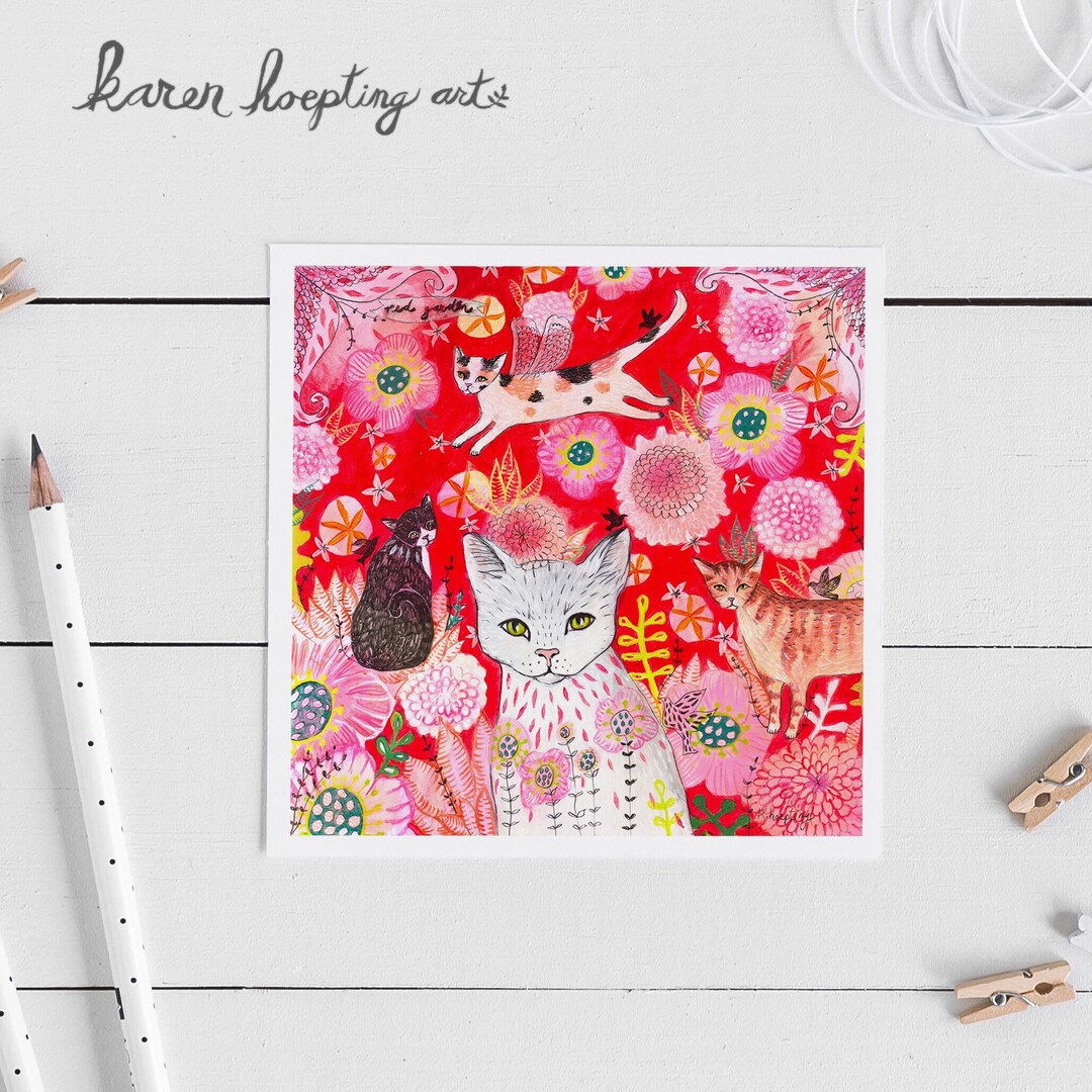 White Cat Art Card, Red Floral Cat Card, 5x5 Blank Greeting Card ...