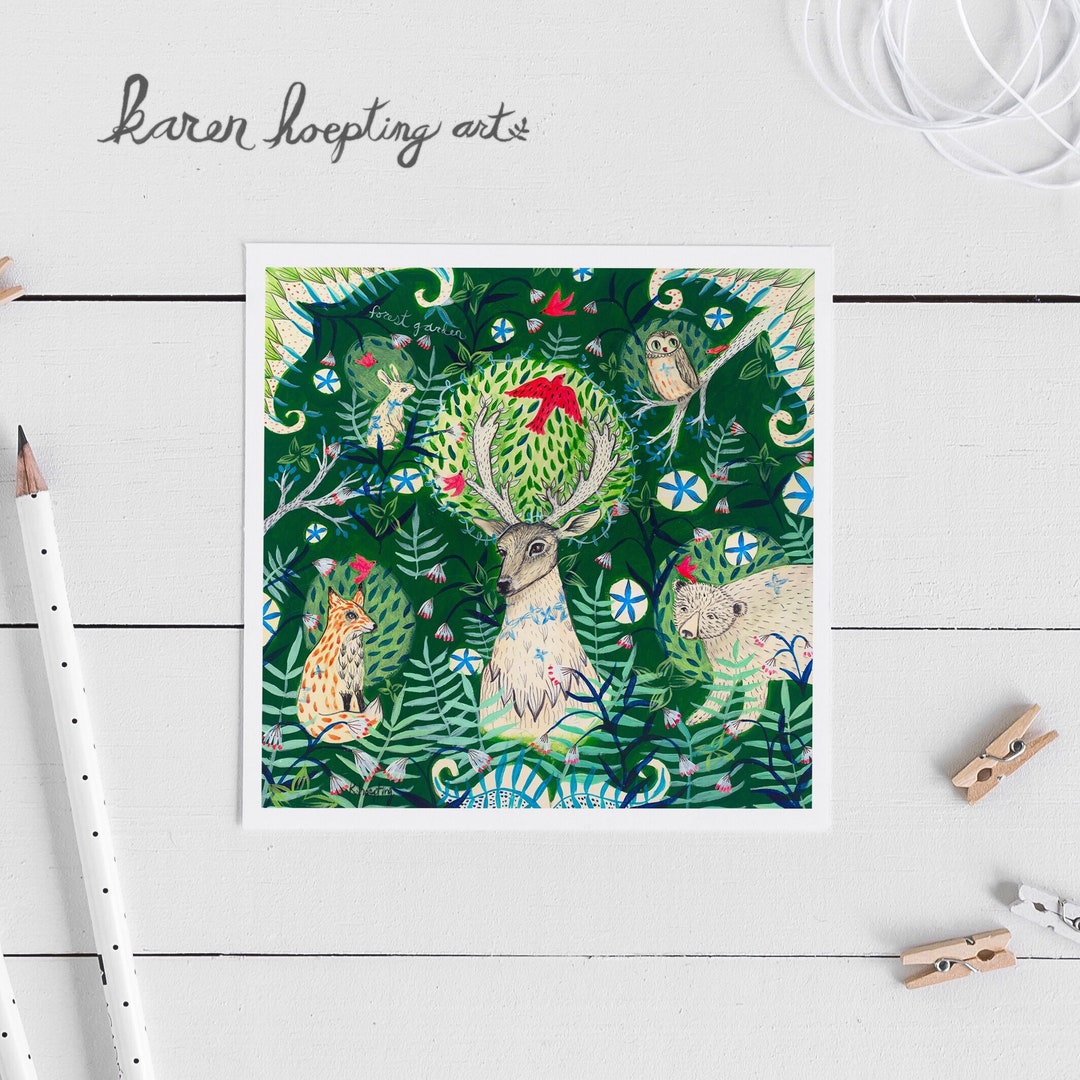 Woodland Animals Card, Blank 5x5, Buck Art, Deer Card, Woodlands Theme ...