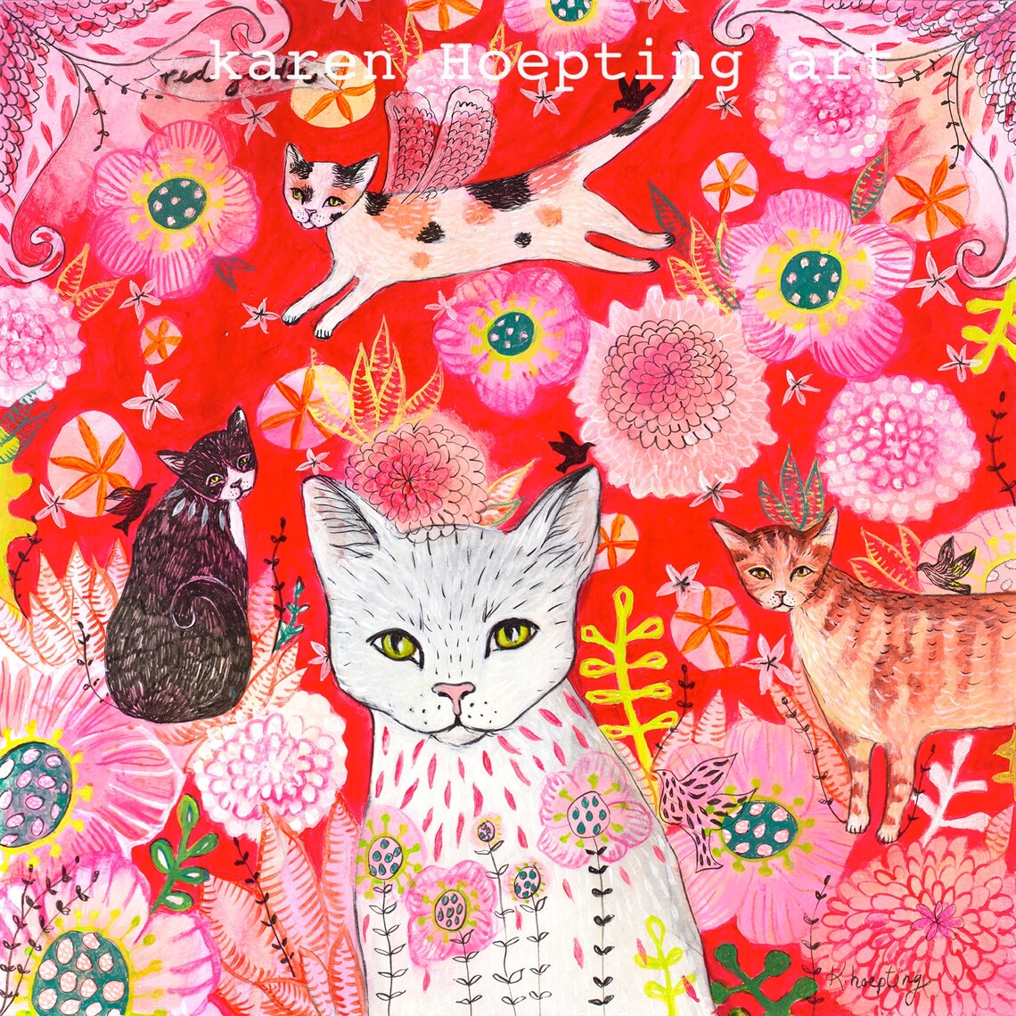 White Cat Art Card Red Floral Cat Card 5x5 Blank Greeting | Etsy