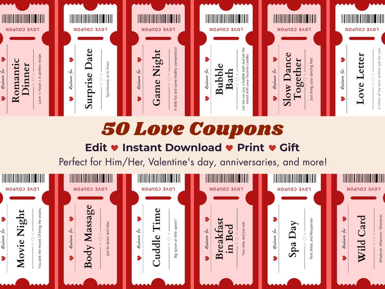 50 Editable Printable Love Coupons for Couples, Date Night Voucher ...