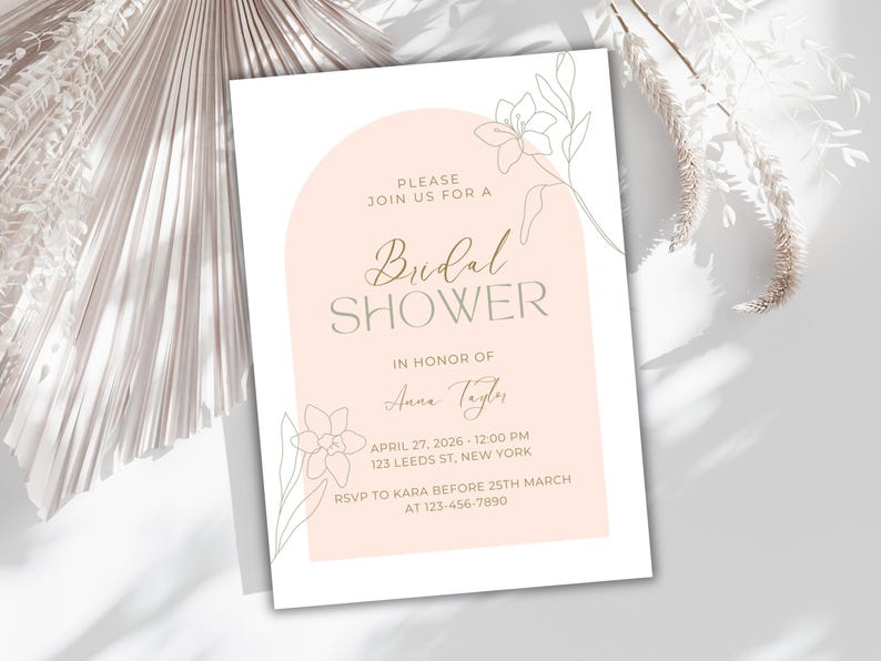Blush Boho Bridal Shower Invitation Template, Minimalist Floral Bridal ...
