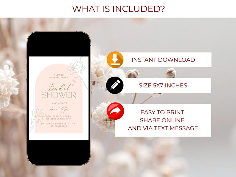 Blush Boho Bridal Shower Invitation Template, Minimalist Floral Bridal ...
