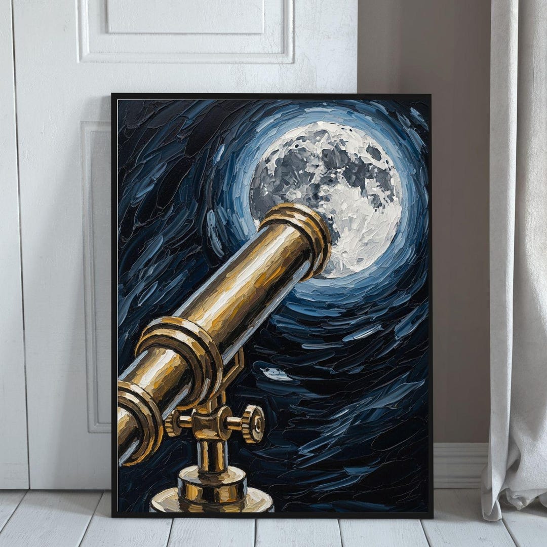Impasto Telescope Moon Art Print, Dark Academia Astronomy Decor, Moody ...