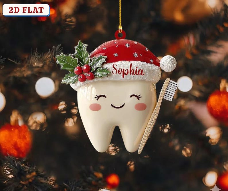 Personalized Tooth Ornament, Cute Tooth 2D Flat Christmas Ornament ...