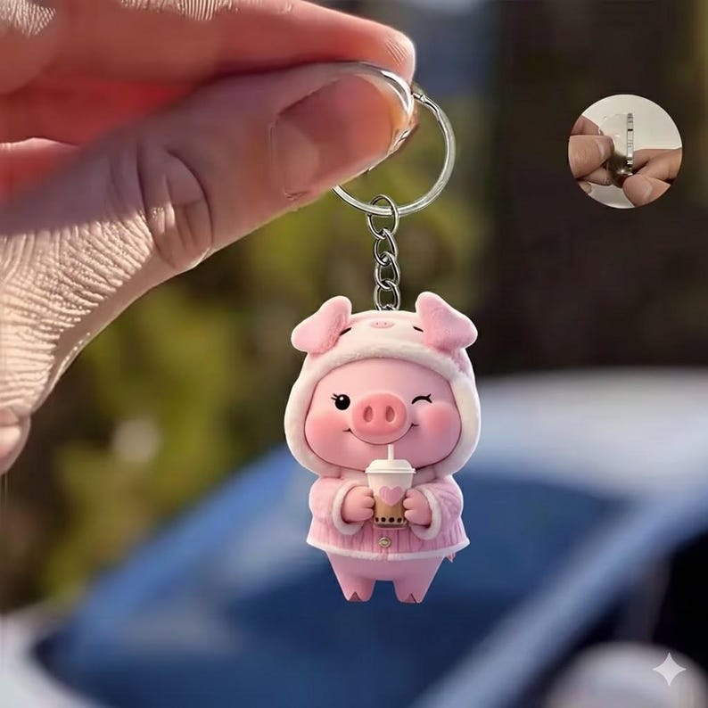 Cute Pink Pig 2D Keychain With Adorable Oink Expression - Smooth ...