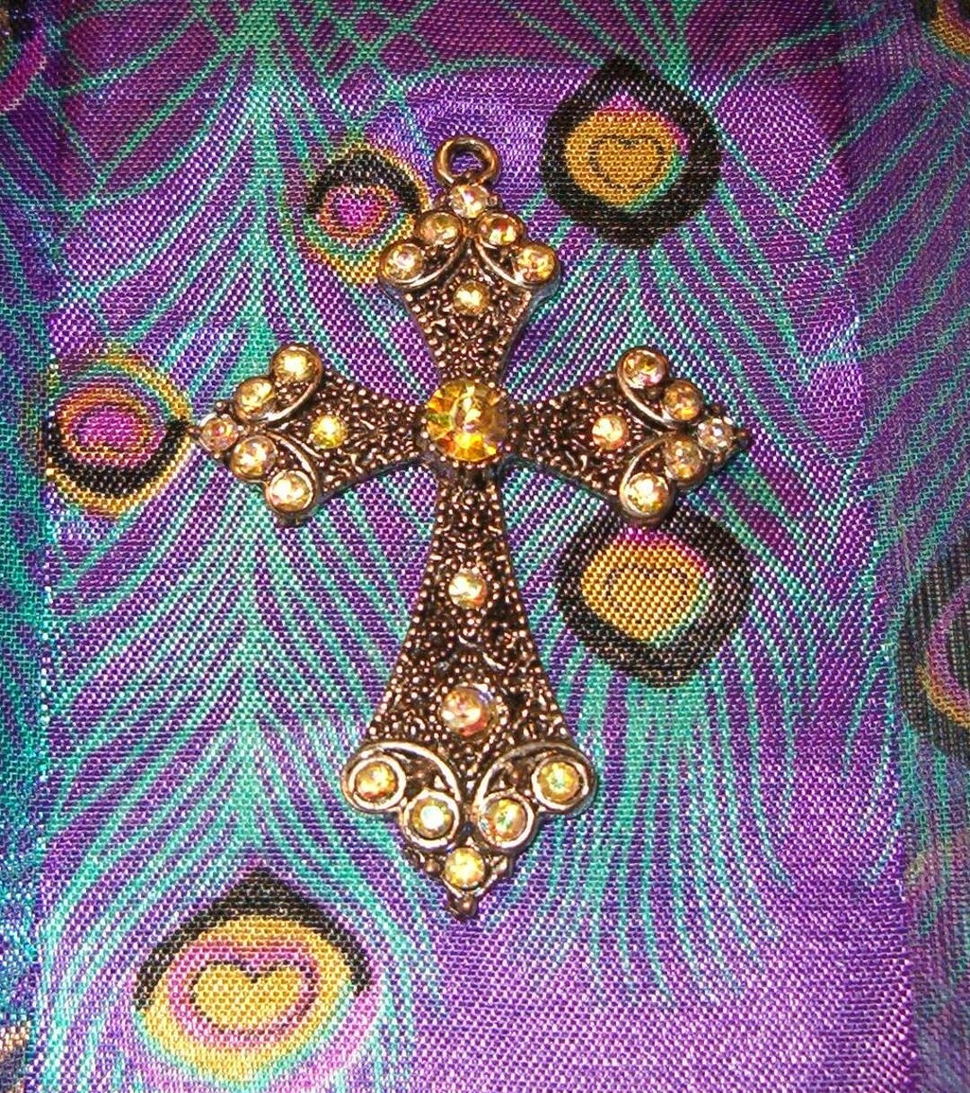 Cross Pendant, Aurora Borealis Pink Shimmer Stones, Faceted, 2 1/2"l ...
