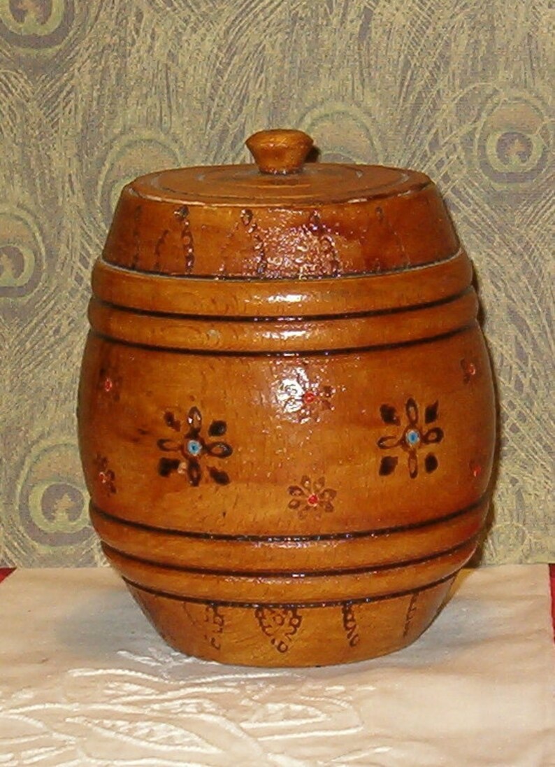 Vintage Wooden Turned Lidded Box Barrel Shaped 5H | Etsy